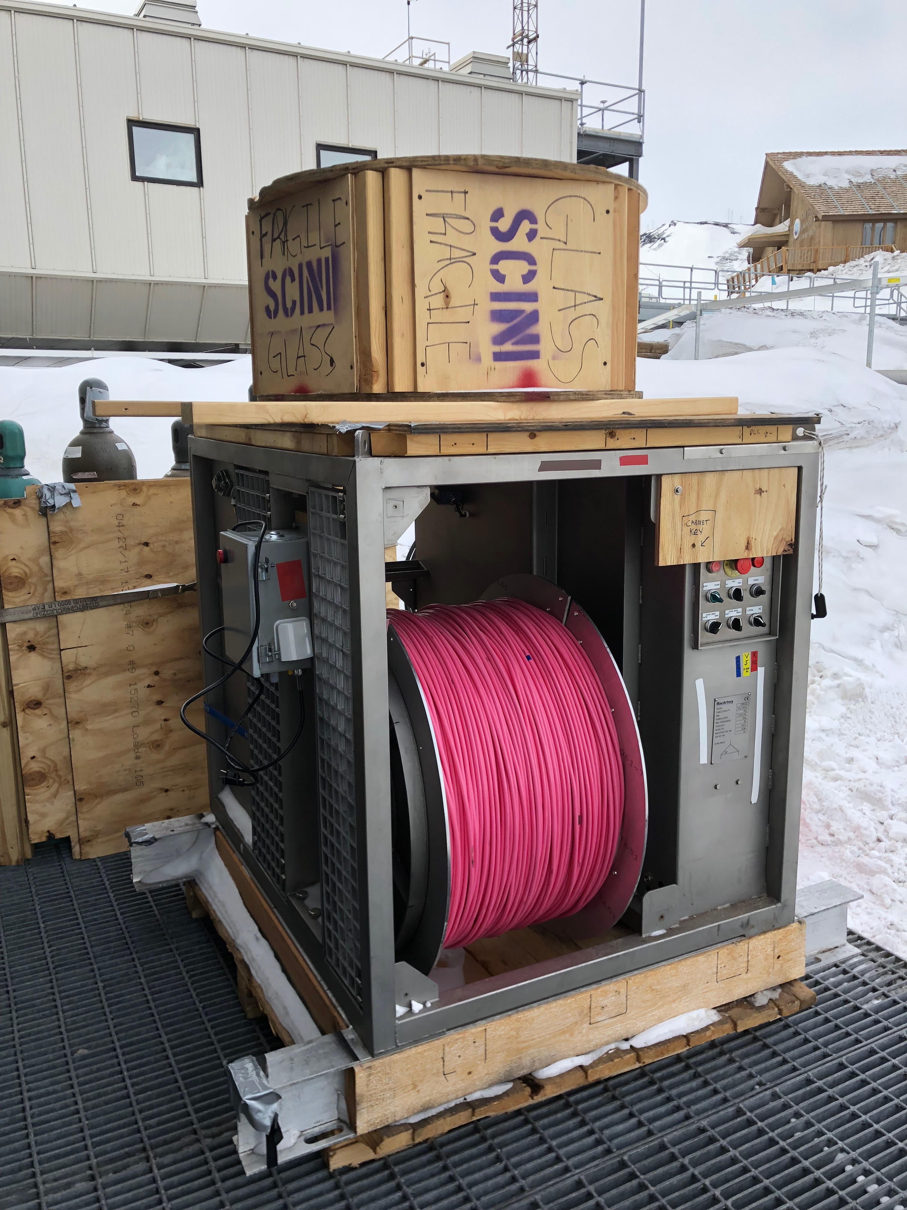 1.6km of fiberoptic tether. High voltage box on left. – SALSA